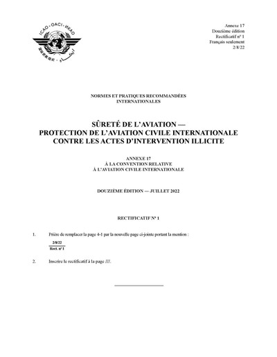 Rectificatif no 1, Annexe 17 — Sûreté